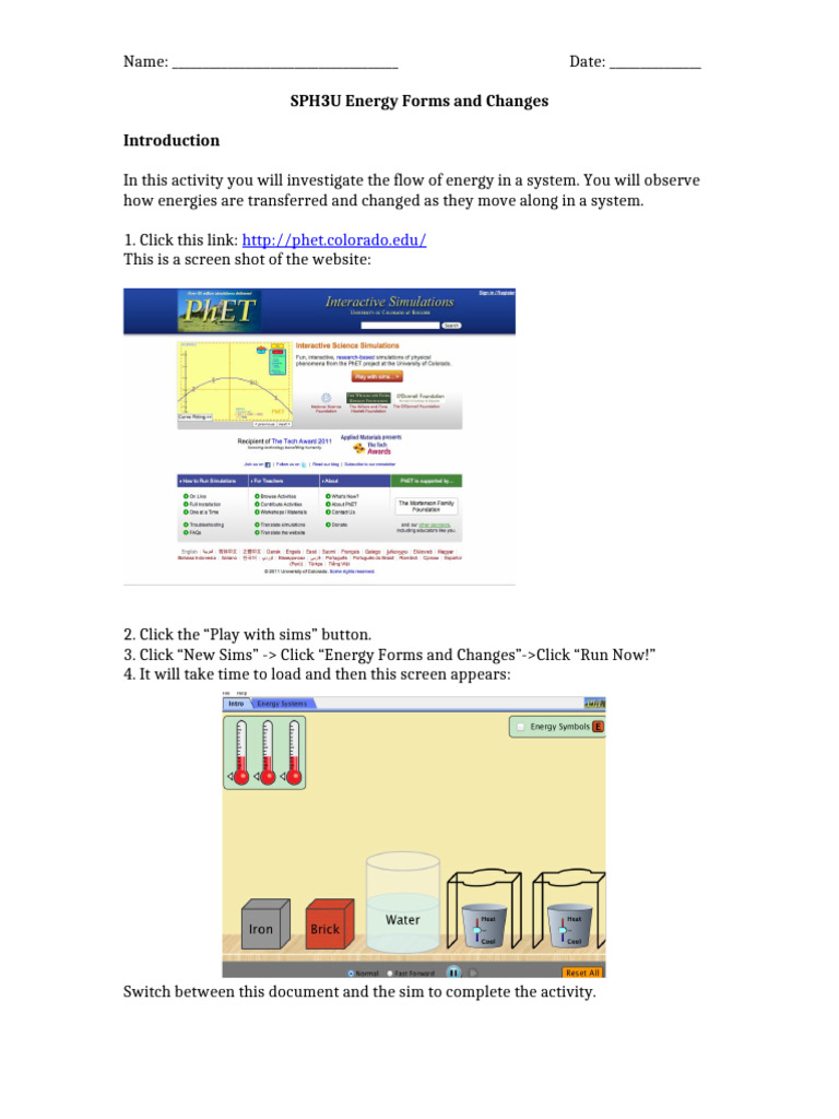 Energy Forms and Changes Phet Lab | PDF | Temperature | Heat