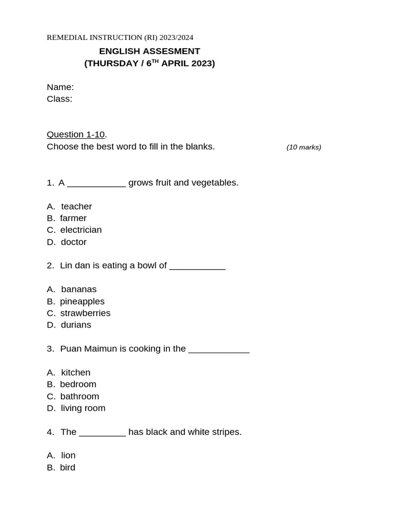 English Assessment Year 3 | PDF