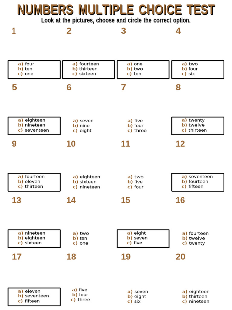 numbers vocabulary esl multiple choice test for kids | PDF