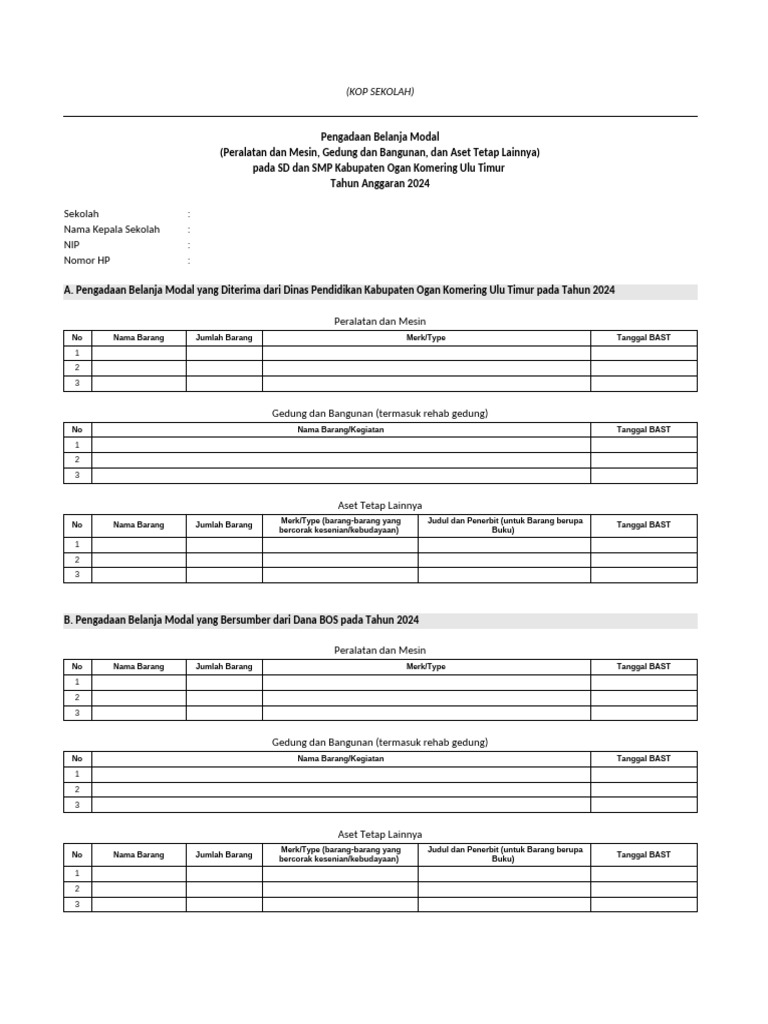 Formulir Aset Sekolah Okut Ta 2024 (SD, Smp... ) | PDF