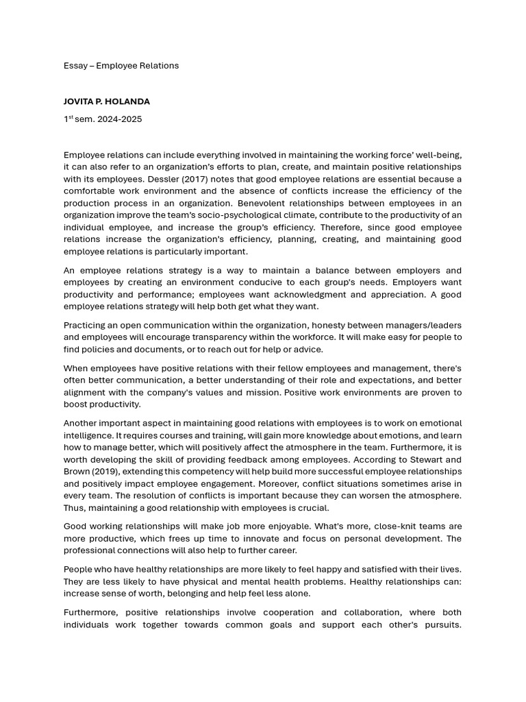 Essay Employee Relations | PDF | Employment | Behavioural Sciences