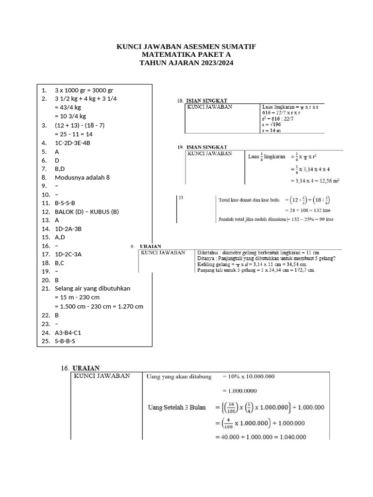 KUNCI JAWABAN ASESMEN SUMATIF MTK | PDF