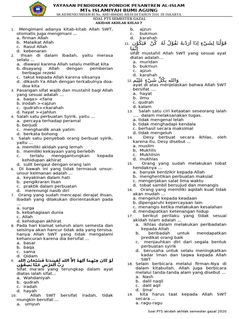 Soal PTS Akidah Akhlak Kelas 7 | PDF