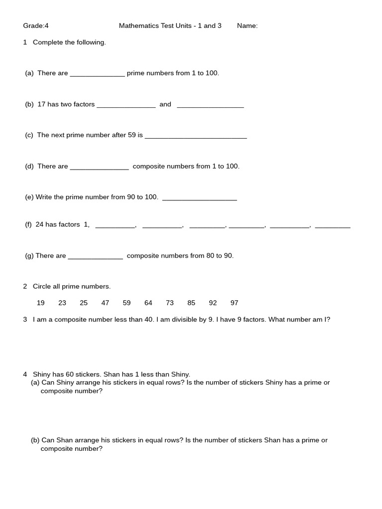 Grade 4 Mathematics Test: Prime & Composite | PDF | Numbers | Prime Number