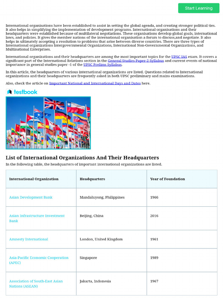 List of International Organizations and Their Headquarters - UPSC | PDF