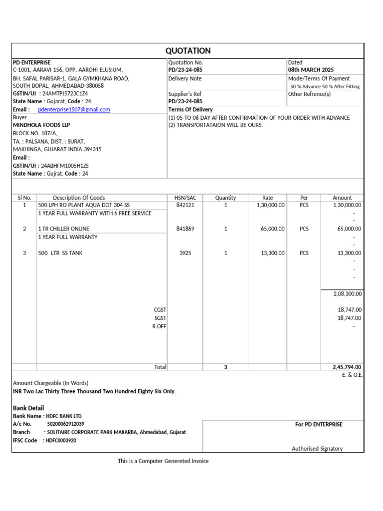 Quotation PD Mindhola Foods LLP 85 | PDF
