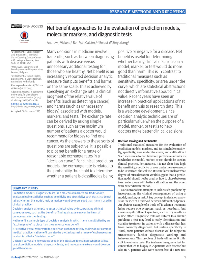 Net Benefit Approaches To The Evaluation of Prediction Models | PDF ...
