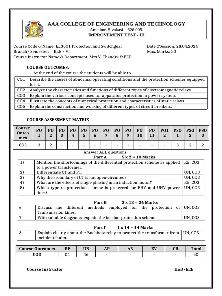 III - EEE - EE3601 - Improvement 3 Question Paper | PDF | Electrical Equipment | Electrical ...