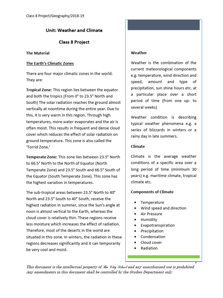 Class 8 Weather and Climate Handout | PDF | Temperate Climate | Rain