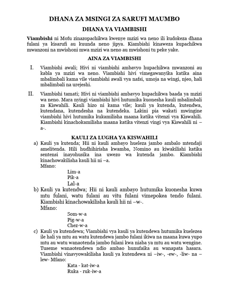 Dhana Za Msingi Za Sarufi Maumbo 2023 | PDF