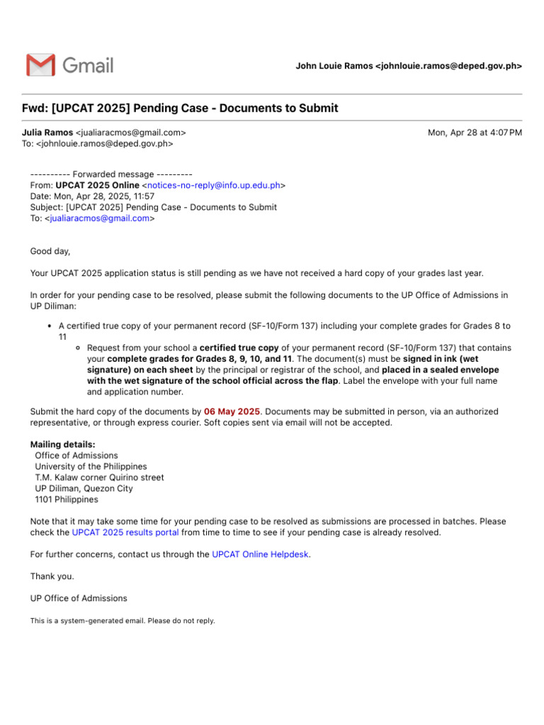 FWD: (UPCAT 2025) Pending Case - Documents To Submit | PDF