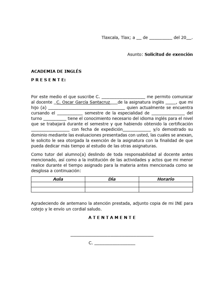 Formato - Exentar - Ingles | PDF