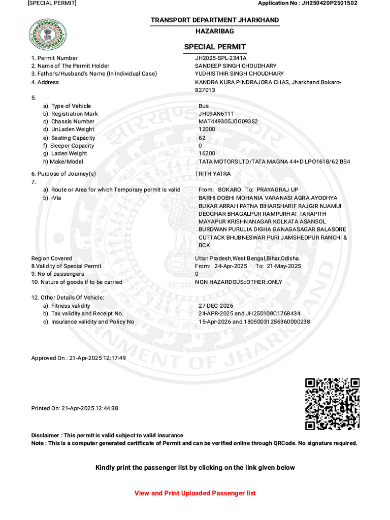 Jh09an6111 Permit Upto 21 May 25 | PDF | Land Transport | Motor Vehicle
