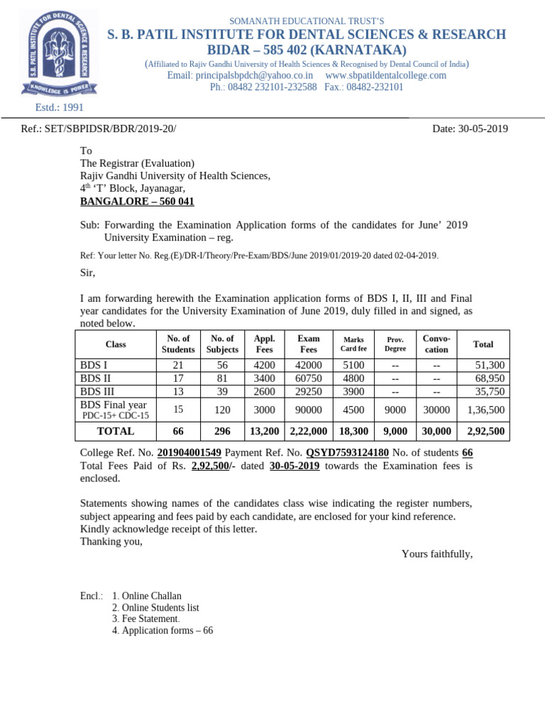 RGUHS (Exam All leter Internal & Fees) June'2019-20 | PDF | Dental ...