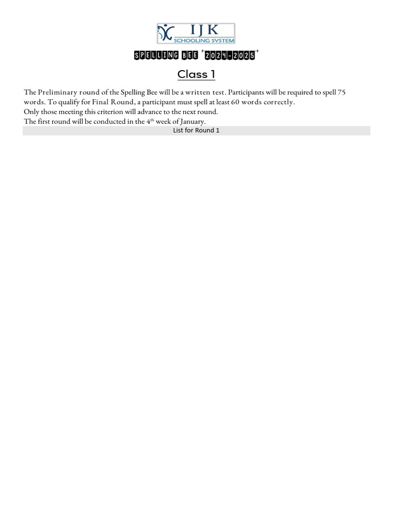 Class 1 Spelling Bee 2024-2025 Guide | PDF