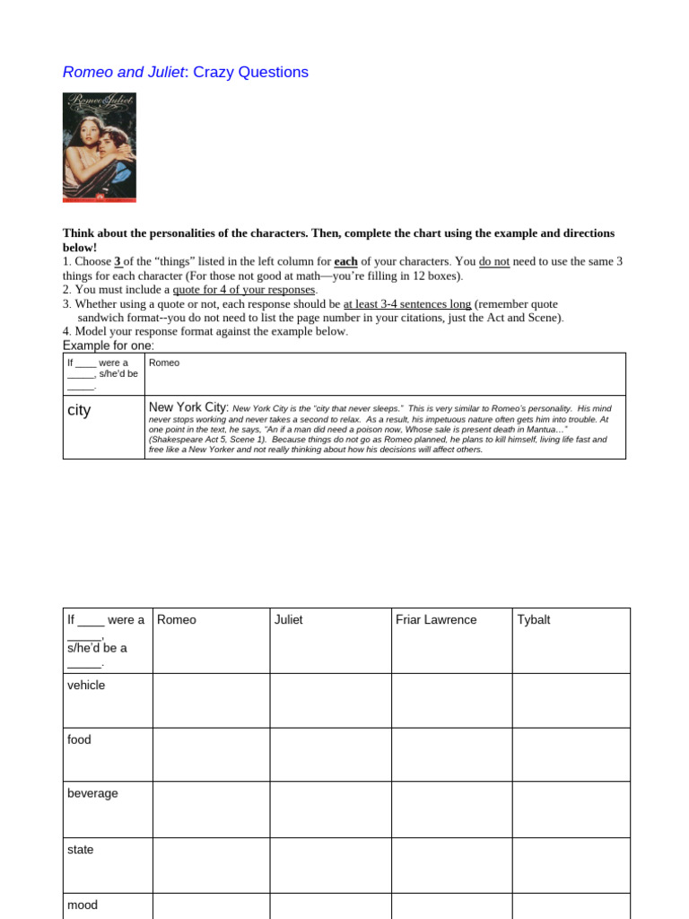 Romeo and Juliet Crazy Questions | PDF