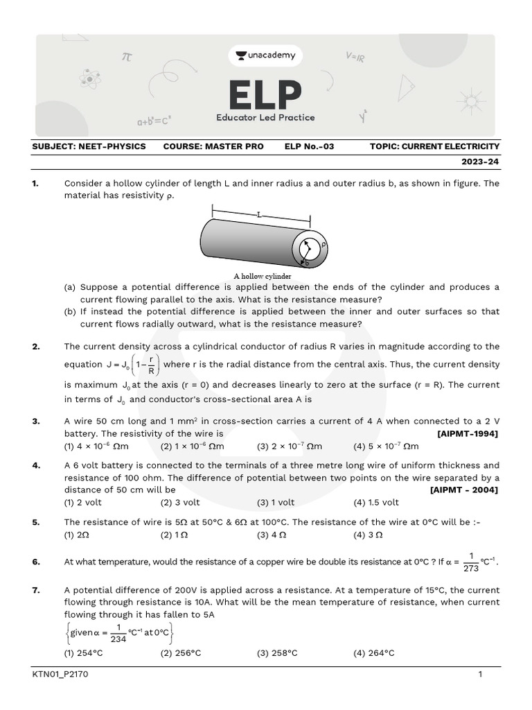 NEET-Physics_Current_ELP-03_KTN01_P2170 | PDF | Electrical Resistivity And Conductivity | Voltage