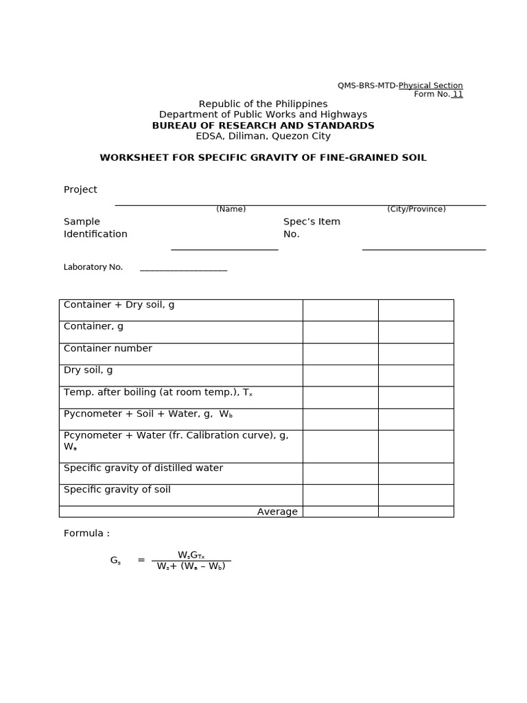 Specific Gravity Worksheet for Soil | PDF
