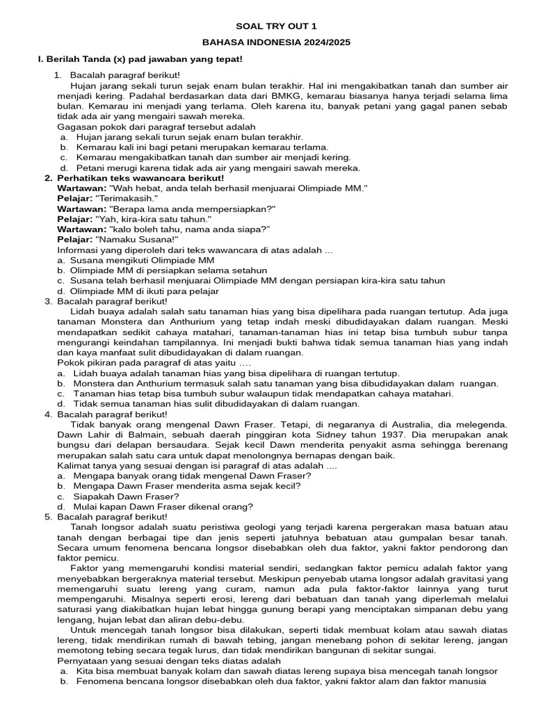 SOAL TRY OUT 1 BAHASA INDONESIA 2025 | PDF