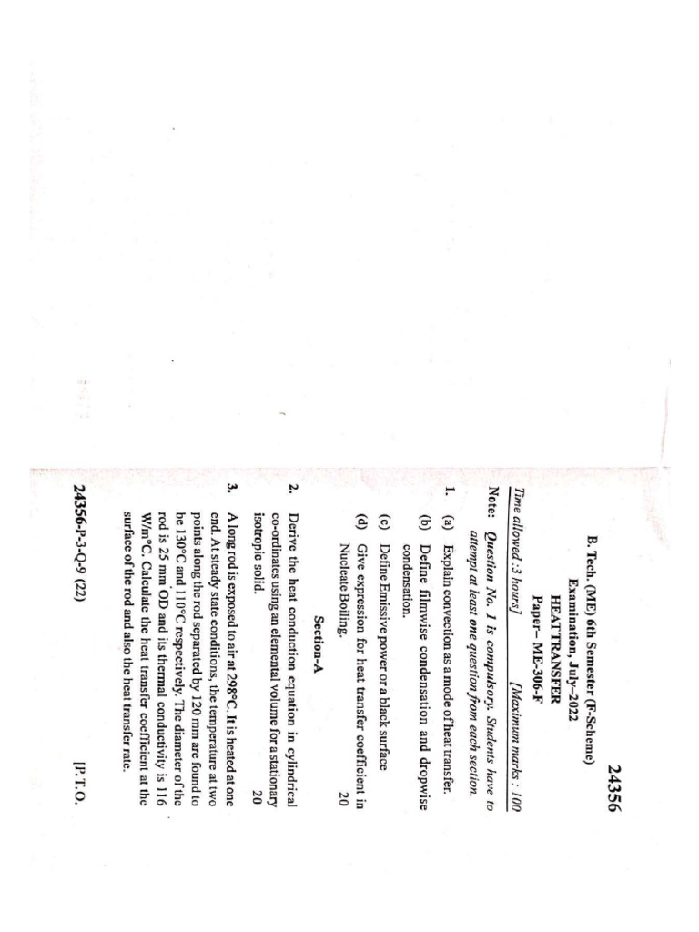 2022 July Btech Me 6TH Sem Heat Transfer | PDF