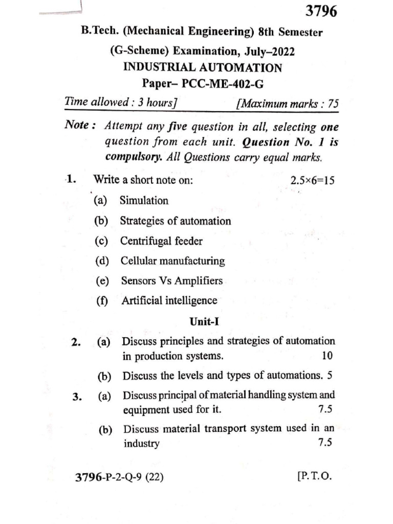 2022 July Btech Me 8TH Sem Industrial Automation | PDF