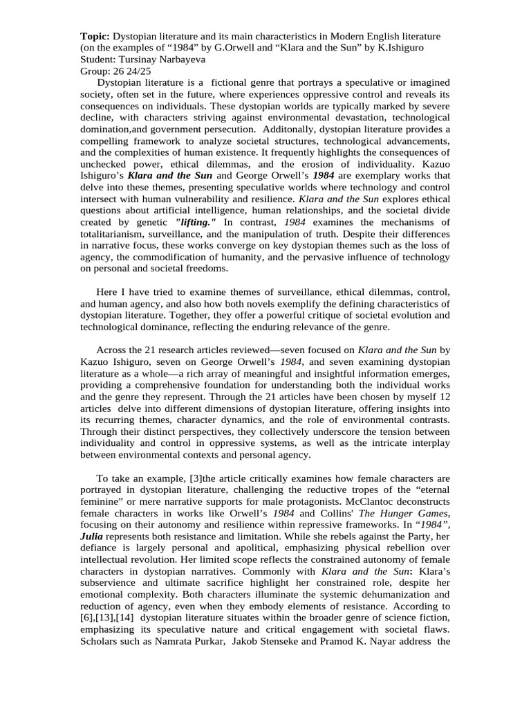 Tursinay Narbayeva Midterm Essay Ondystopian Literature | PDF ...