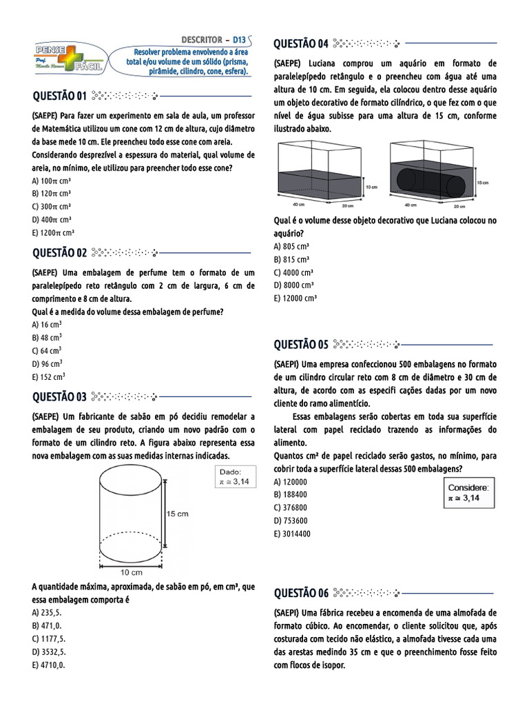 D13 Resolver Problema Envolvendo A Area Total e Ou Volume de Um Solido Prisma Piramide Cilindro ...
