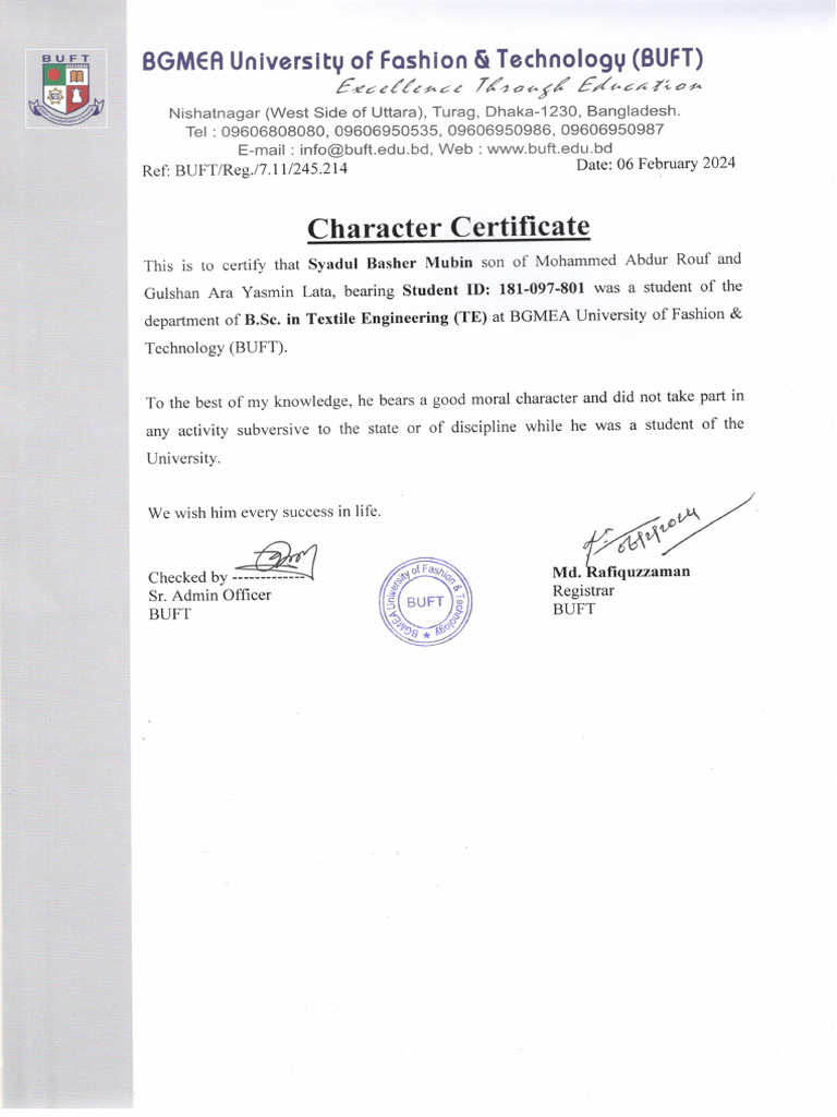Character Certificate of Fahim Issued From BGMEA University | PDF