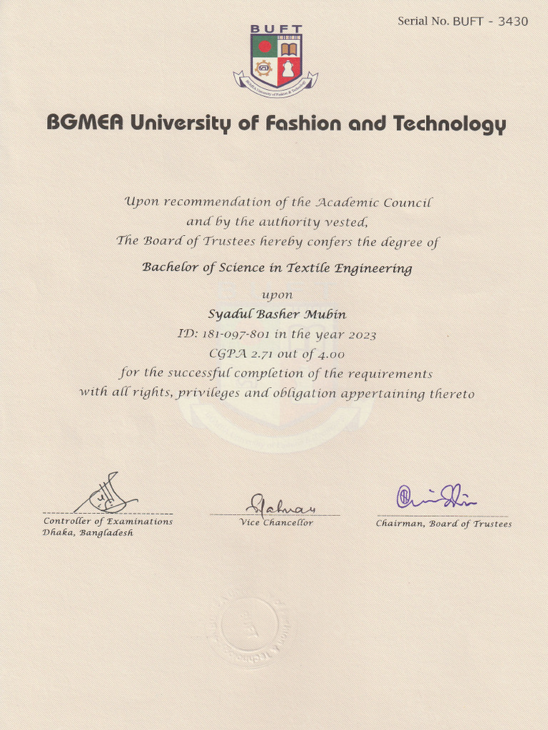 BGMEA B.SC in Textile Engineering Graduation Certificate | PDF