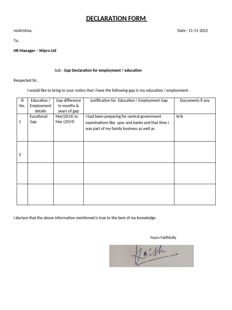 Gap Declaration for Employment/Education | PDF