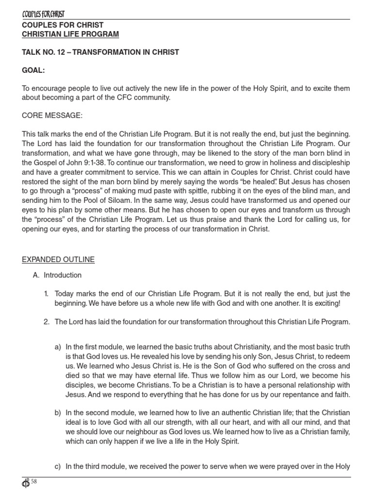 Transformation in Christ: CFC Program | PDF | Jesus | Disciple ...
