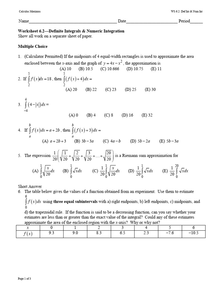 6.3 Definite Integrals and Antiderivatives HW-1 | PDF | Integral ...