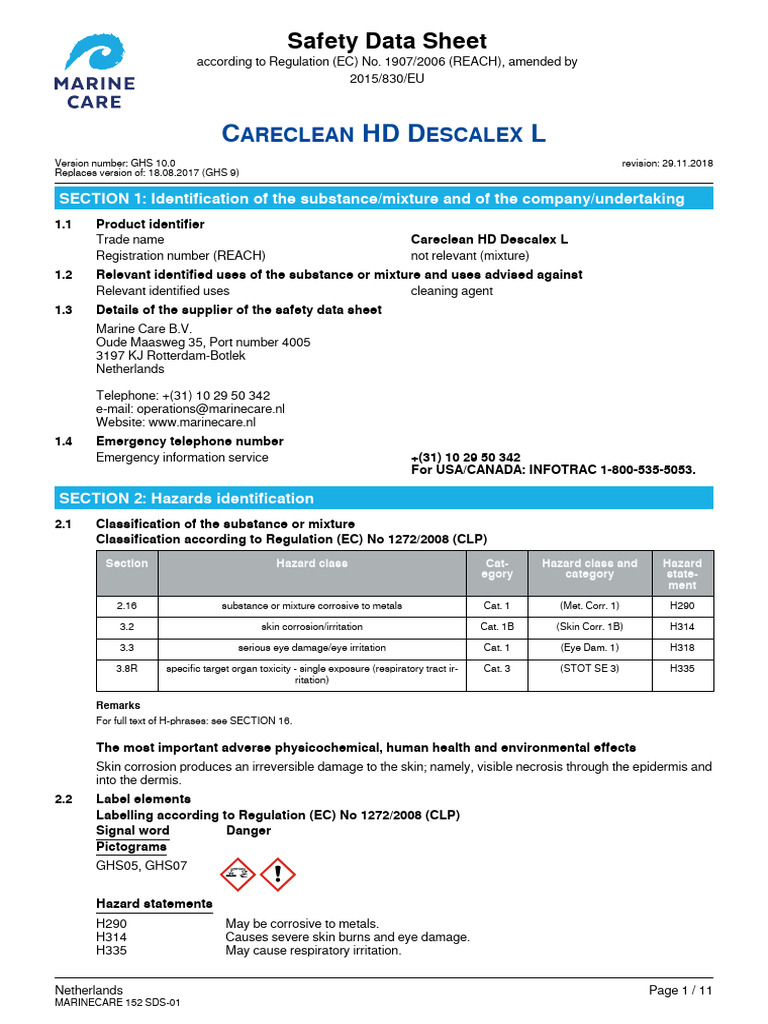 SDS Careclean HD Descalex L | PDF | Occupational Safety And Health | Safety