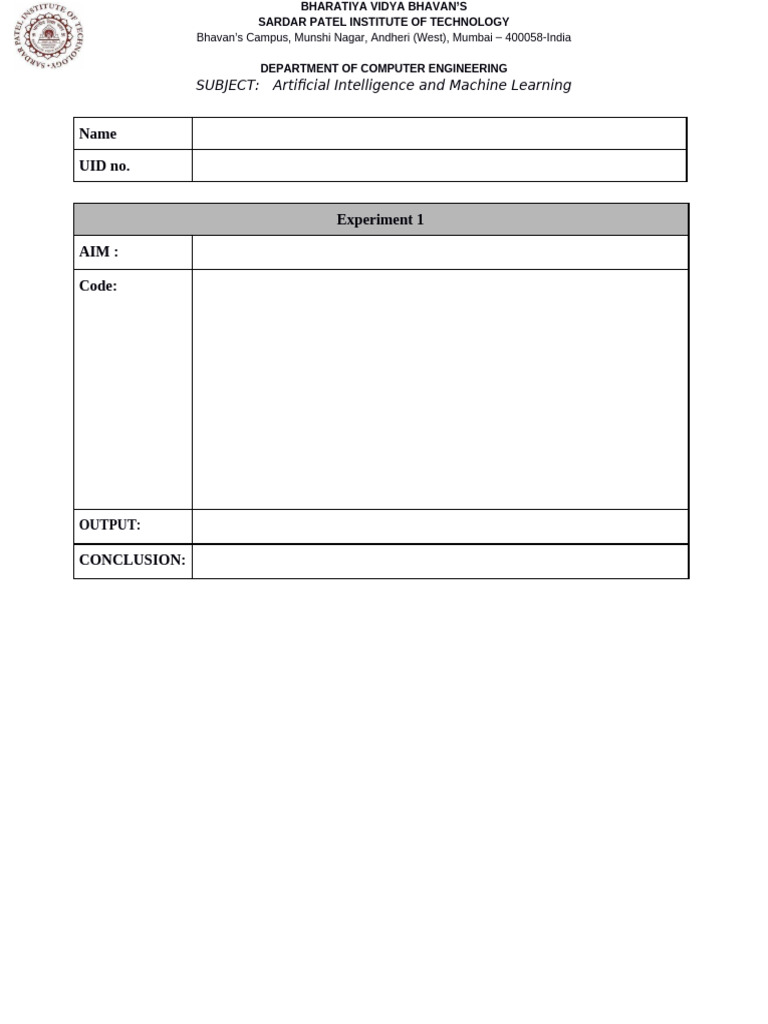 AIML Template Expt | PDF