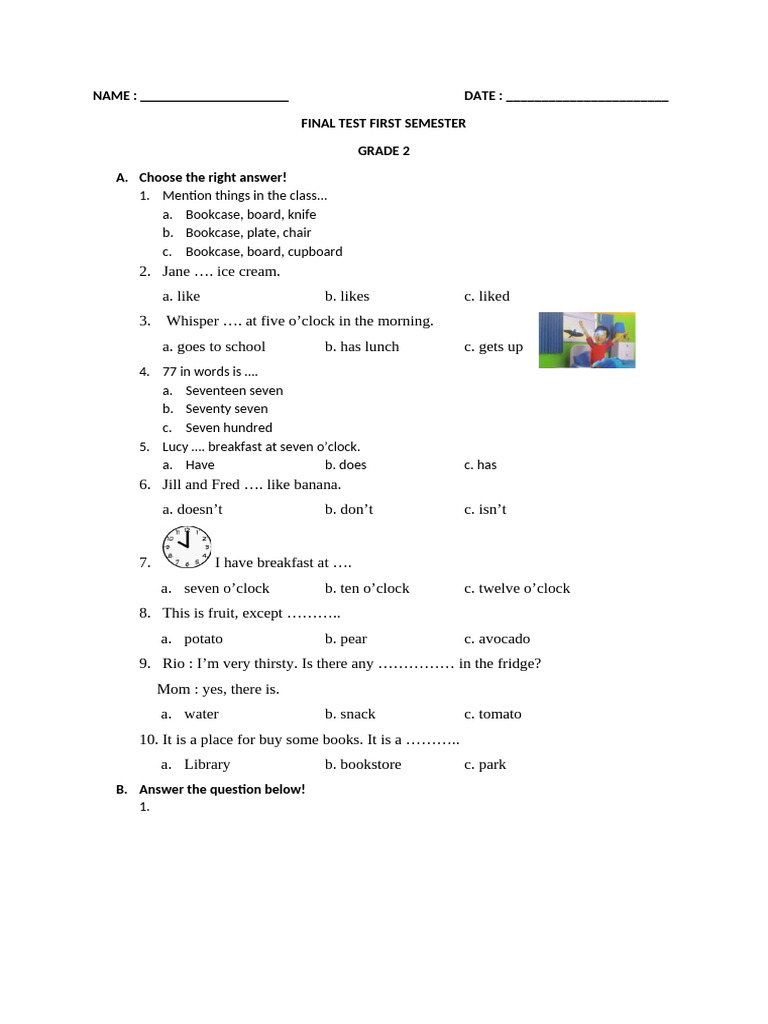 Grade 2 First Semester Final Test | PDF