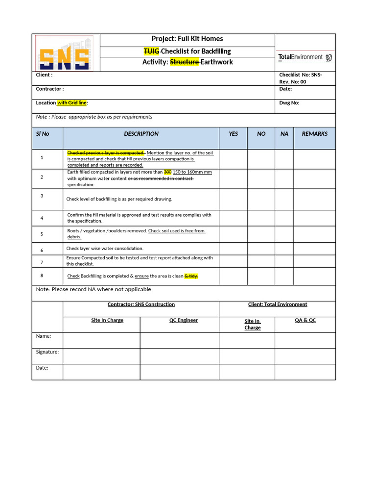 Backfilling CHECKLIST | PDF