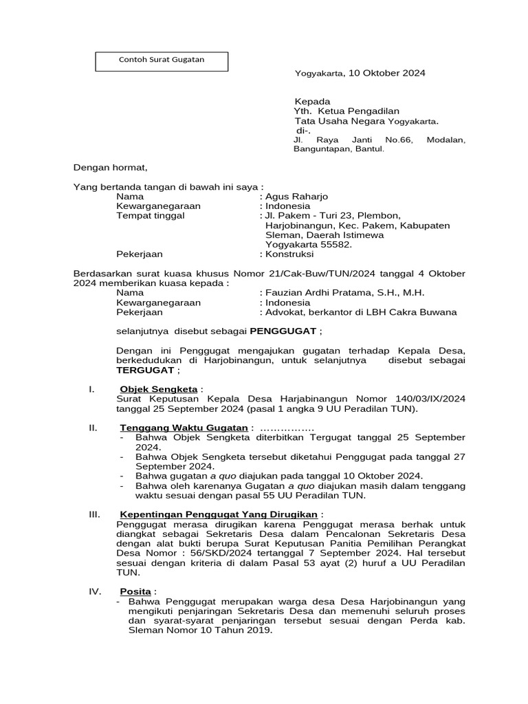 Contoh Surat Gugatan Agung Raharjo | PDF