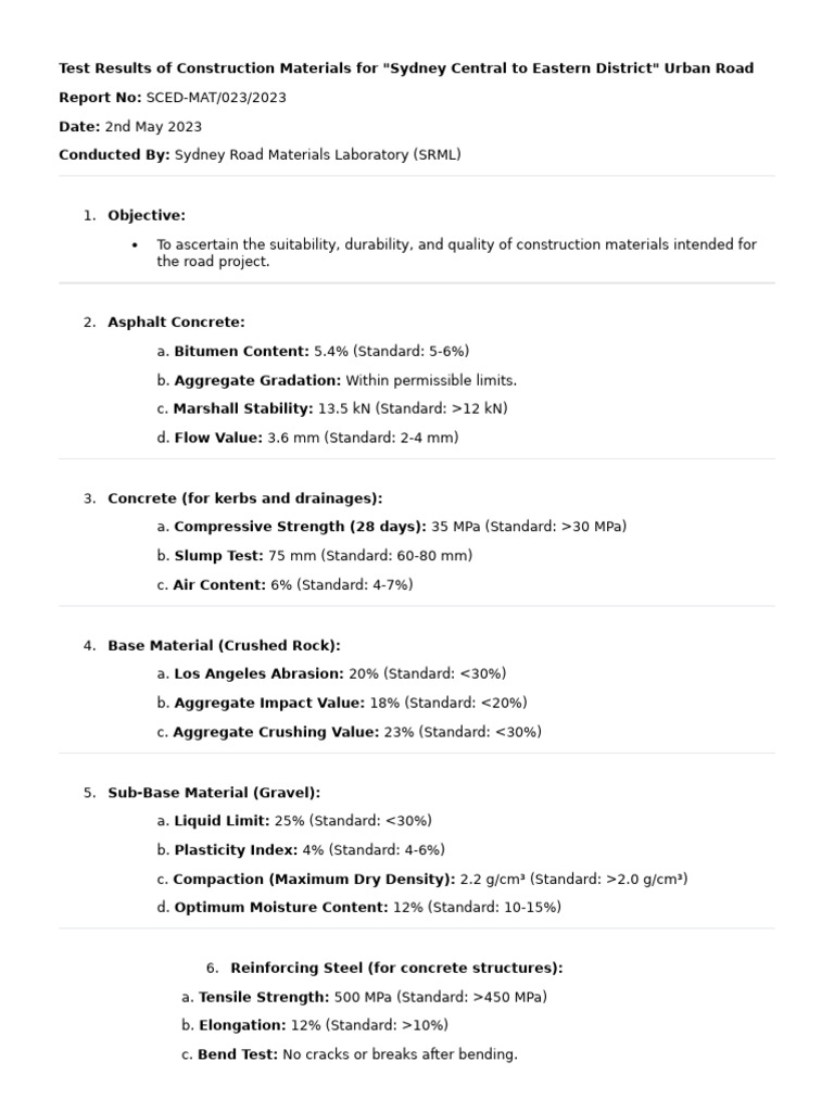 Test Results of Construction Materials | PDF