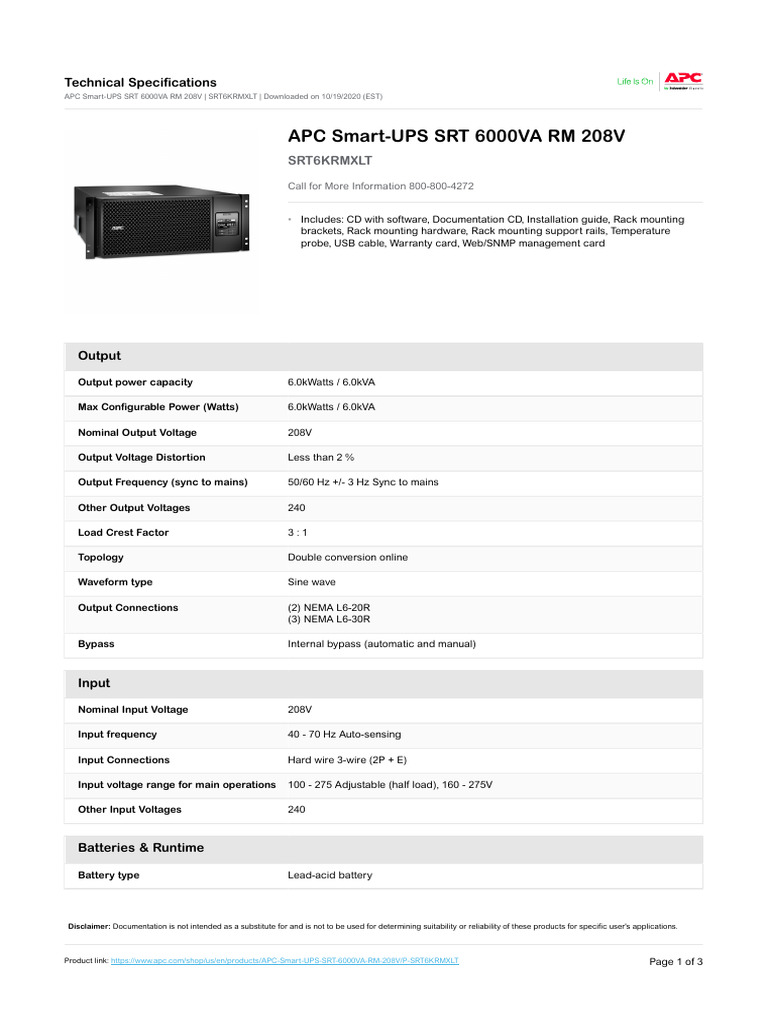 APC Smart-UPS SRT 6000VA RM Specs | PDF | Mains Electricity ...
