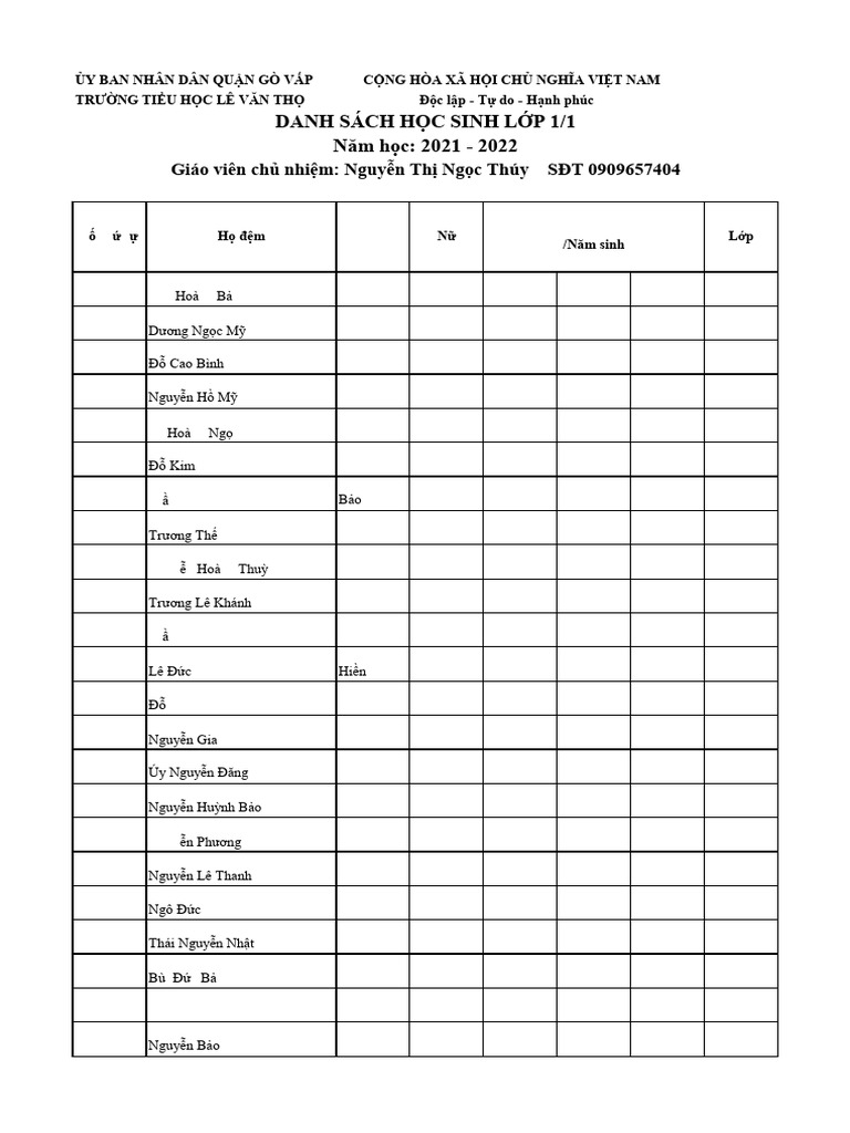 Danh Sach Xep Lop 1 | PDF