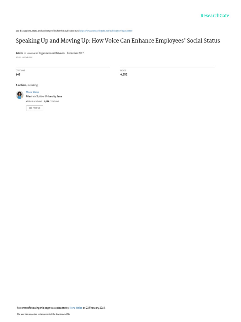 2019 Weiss, M., & Morrison, E. W. (2019). Speaking Up and Moving Up | PDF | Psychology ...