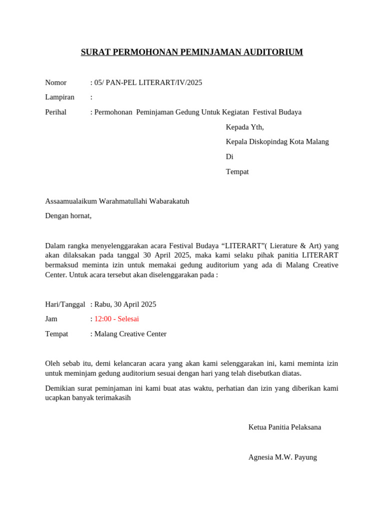 Surat Permohonan Peminjaman Auditorium | PDF