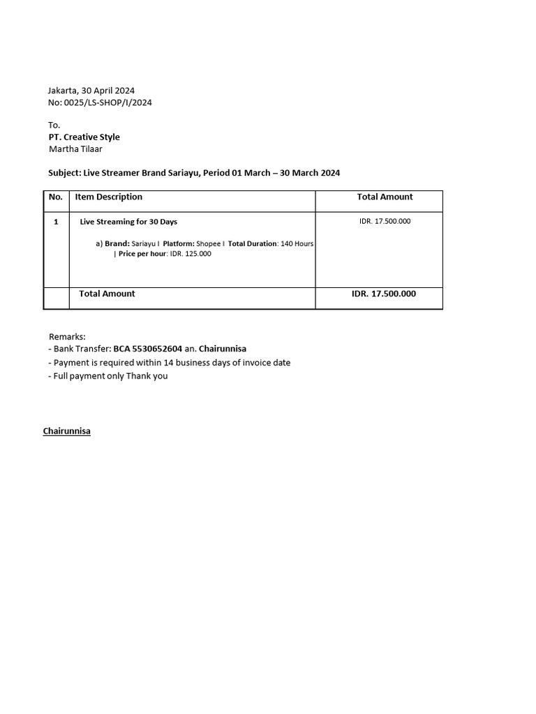 Invoice Martha Tilaar March | PDF