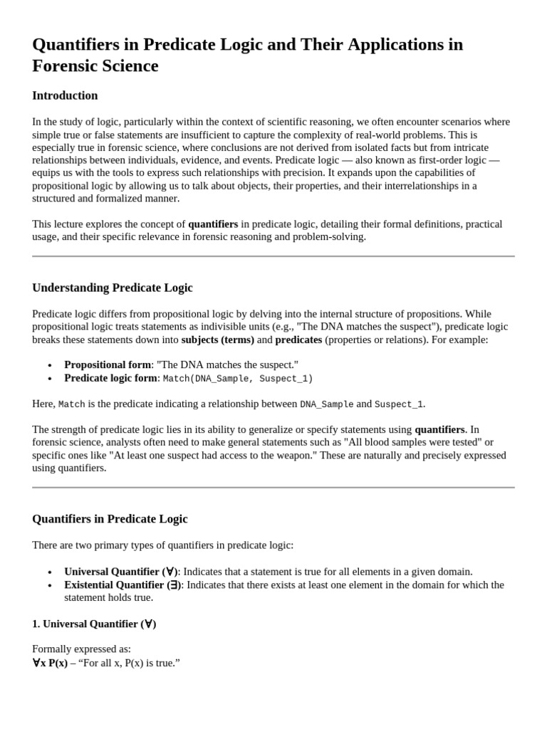 IL - Predicate Logic, Quantifiers and Their Applications in Forensic Science | PDF | Logic ...