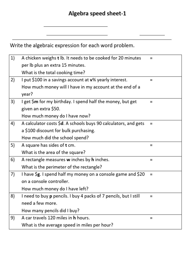 Alg (Expression) Speed Sheet | PDF | Mathematics