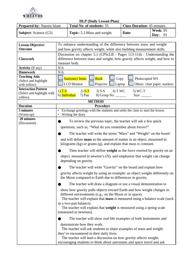 DLP - G5-SCI - Week 05 - 2024-2025 - Term-2 | PDF | Weight | Mass