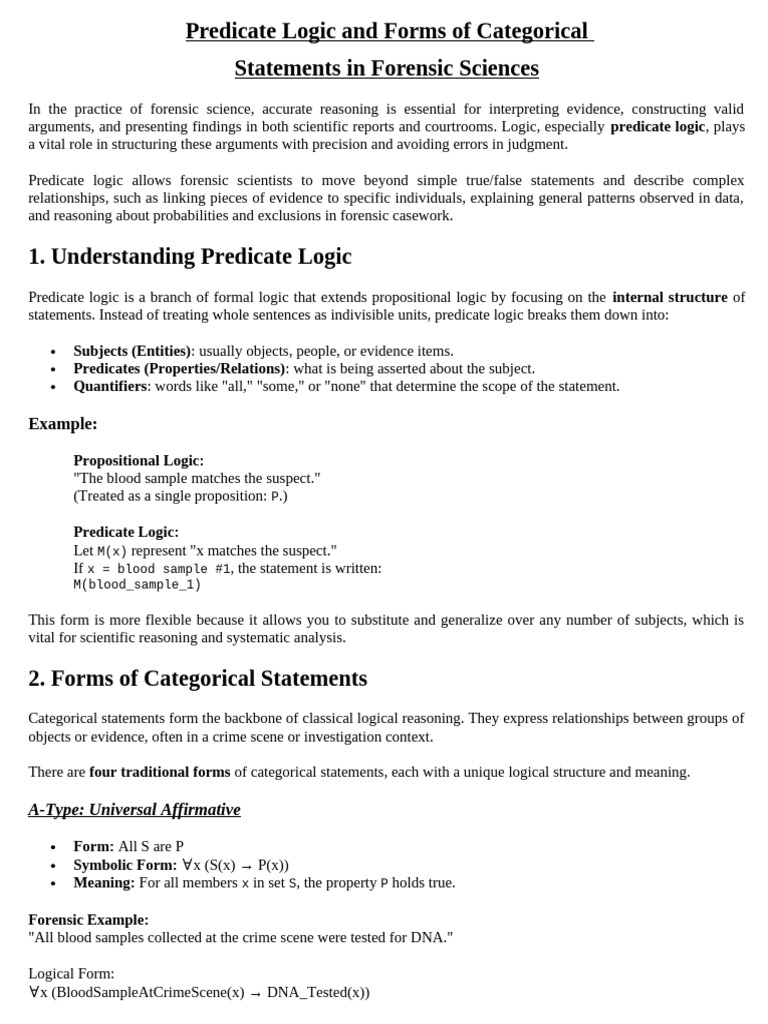 FSC 111 Predicate Logic and Forms of Categorical Statements in Forensic ...