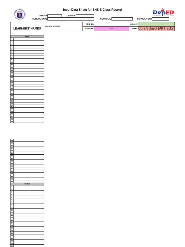 Shs E Class Record Grade 11 Cineza Pdf