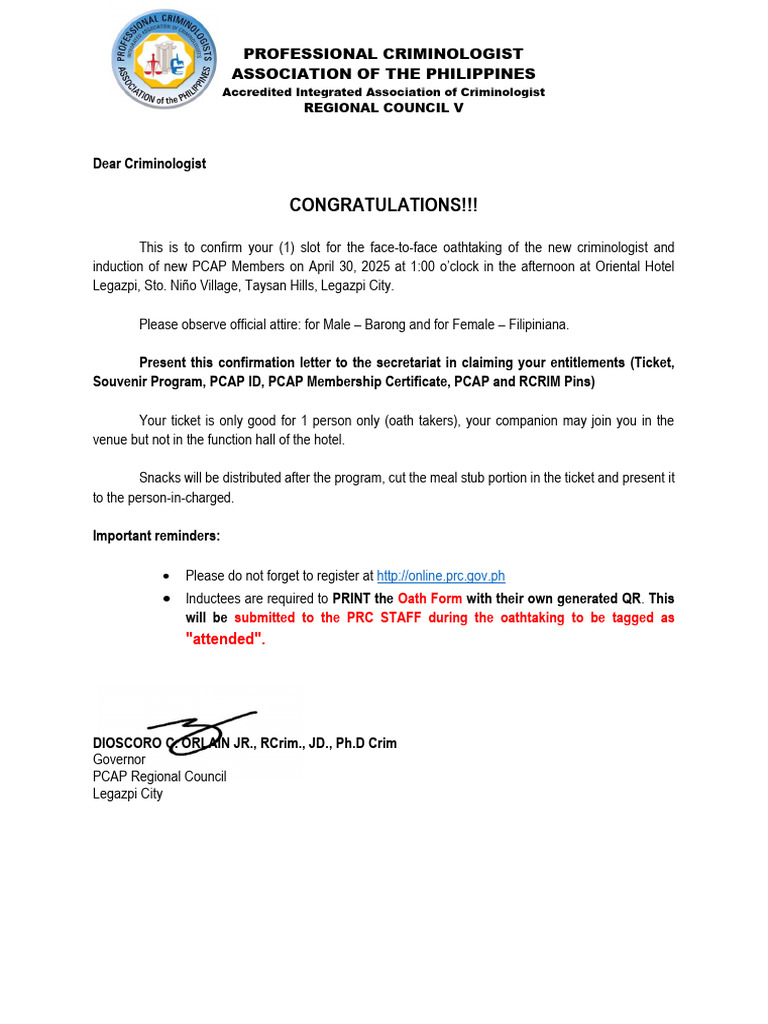PCAP Oath Taking Confirmation Letter | PDF