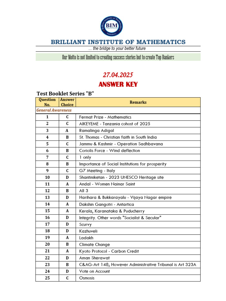 BIM's Answer Key - Tier I Assistant Exam | PDF
